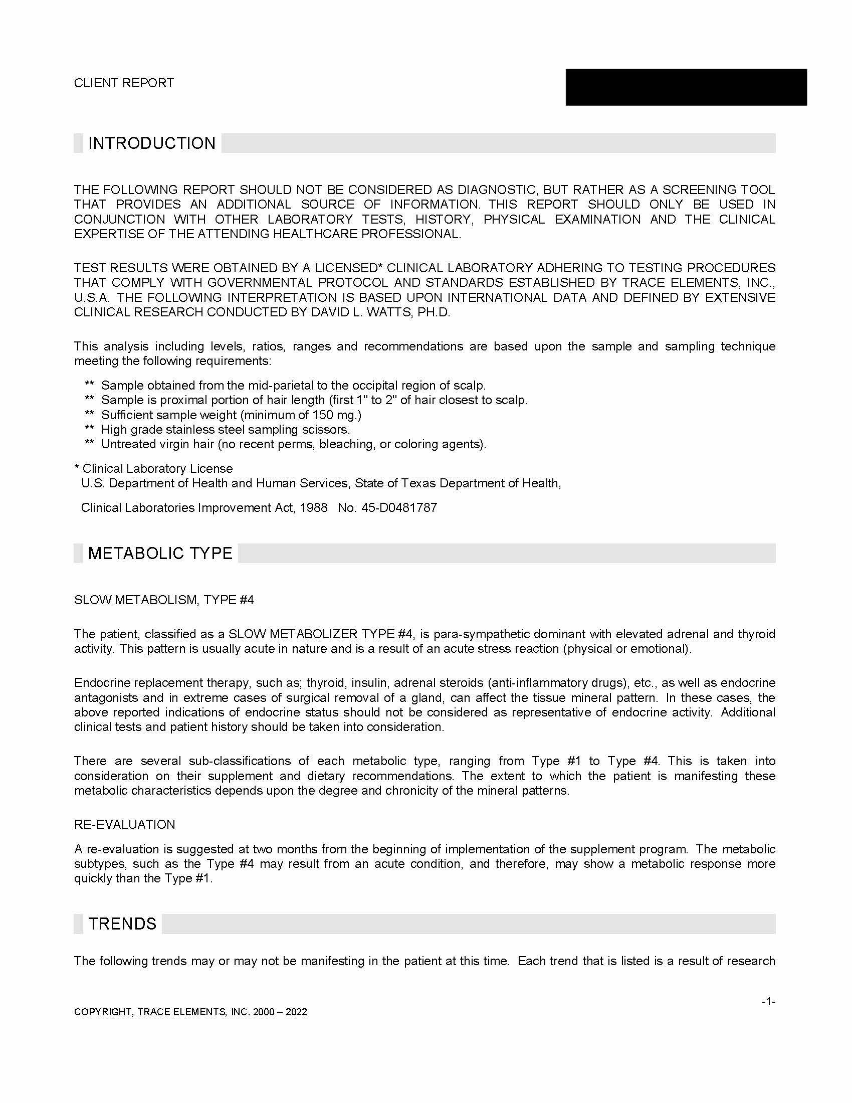 Laboratory Sample Report | Hair Mineral Analysis